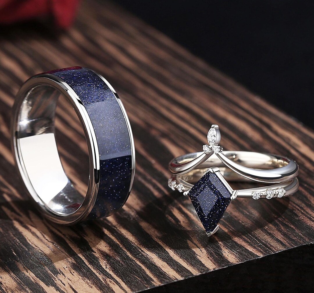 Sterling Silver Blue Sandstone Ring Set, His and Hers Wedding Bands - Etsy