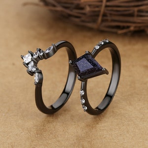 Galaxy Orion Nebula Ring for Women, Engagement Ring Set, Black Titanium ...