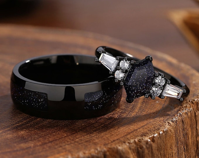 Nebula Couple's Ring Set, 3pc Wedding Band Set, Customize ...