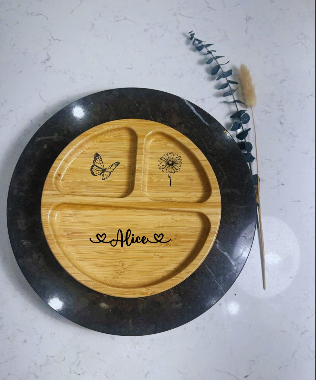 PERSONALIZED CHILDREN BAMBOO Wooden Round Sectional Plates, Toddler ...
