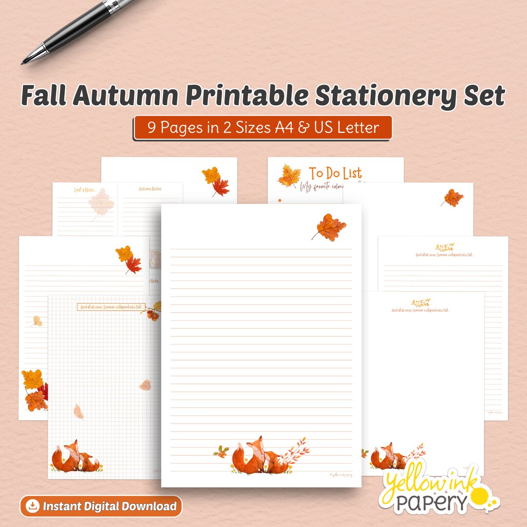 Autumn Fall Fox Writing Set Printable. A4 US Size Digital - Etsy