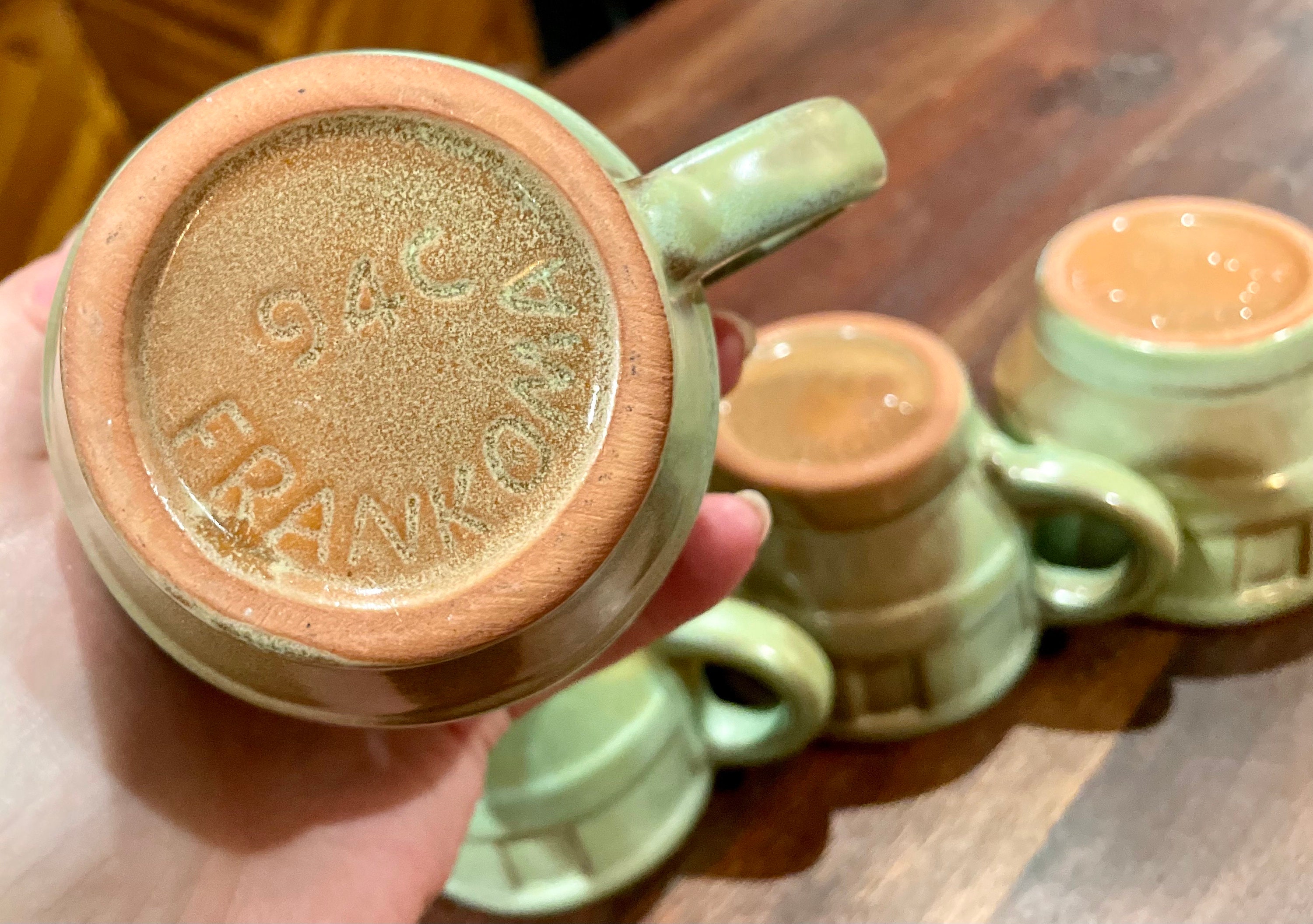Frankoma 94E & 94C Teacup Set Mid Century Frankoma Prairie Green Glazed ...