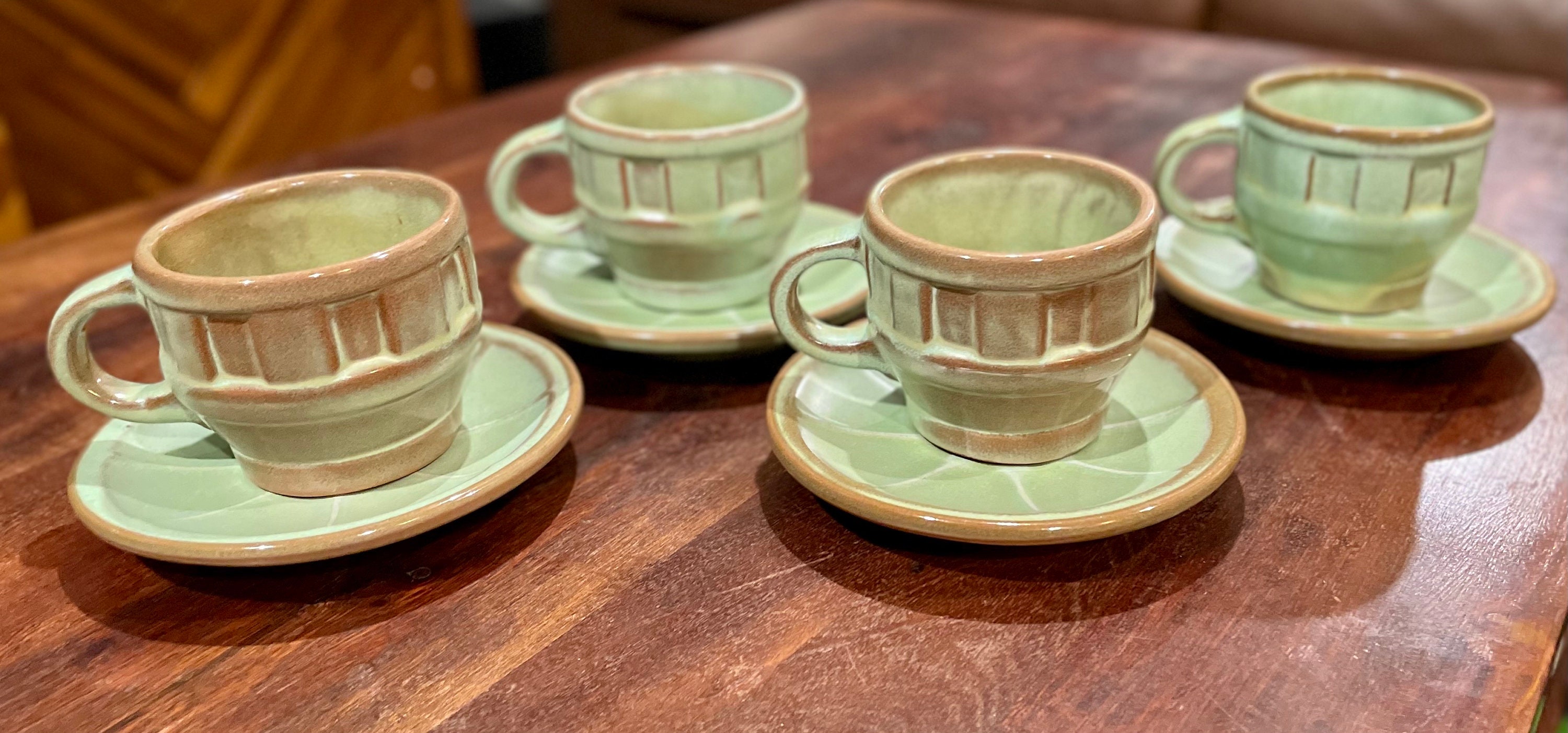 Frankoma 94E & 94C Teacup Set Mid Century Frankoma Prairie Green Glazed ...