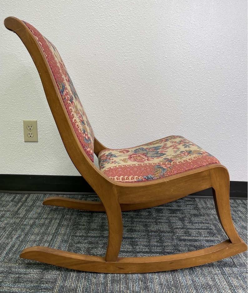 Vintage Sewing Rocker With Floral Pattern Linen Upholstery Antique Lady ...