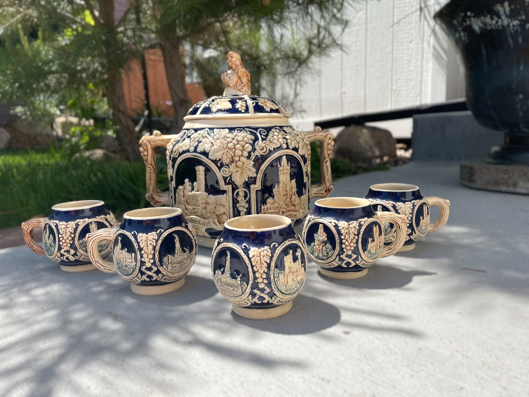 Vintage German Ceramic Punch Bowl Set: Castle Motif, 1950s Tureen ...