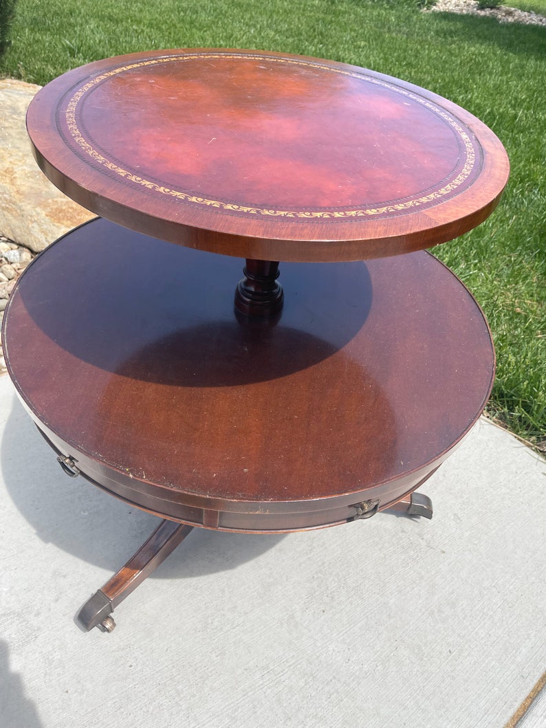 Vintage Leather Top Two-tier Wooden Round Drum Table Side Table W/ Gold ...