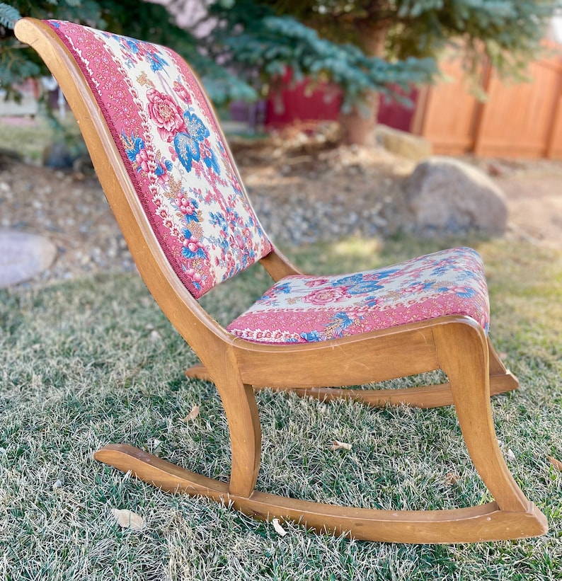 Vintage Sewing Rocker With Floral Pattern Linen Upholstery Antique Lady ...