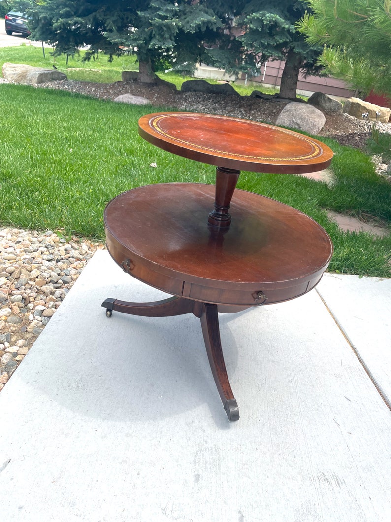 Vintage Leather Top Two-tier Wooden Round Drum Table Side Table W/ Gold ...