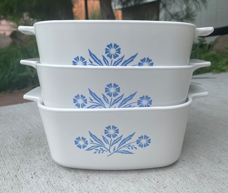 Corningware Dish Set Cornflower Blue Floral Pattern Vintage Set of 3 Square Casserole Dishes ...