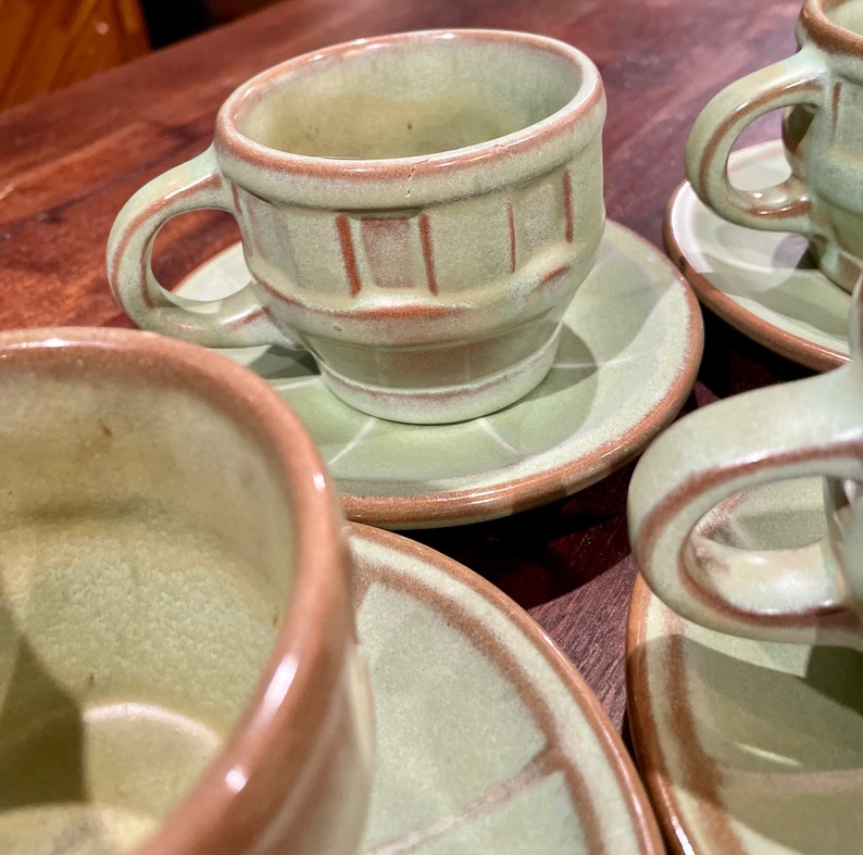 Frankoma 94E & 94C Teacup Set Mid Century Frankoma Prairie Green Glazed ...