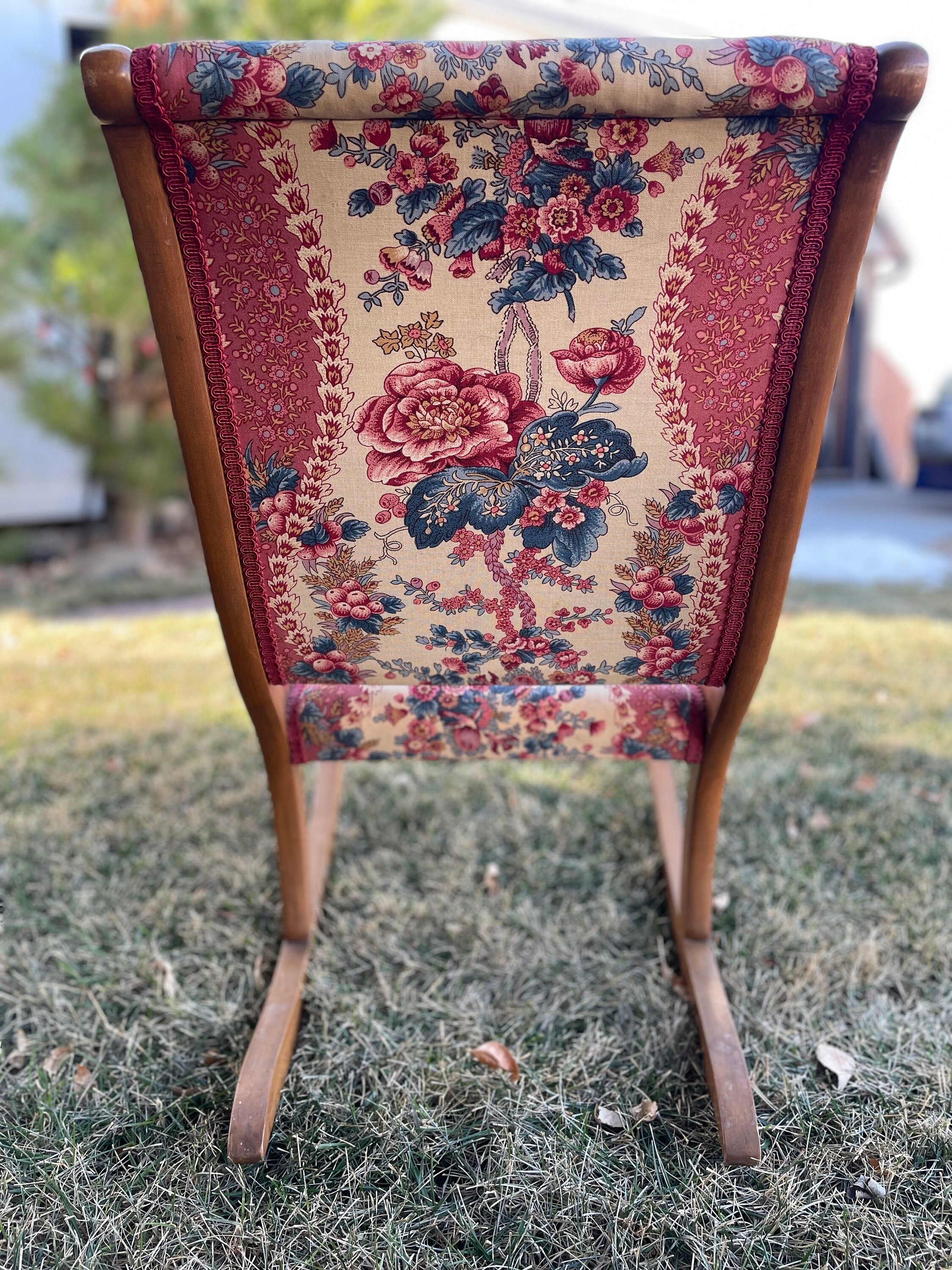 Vintage Sewing Rocker With Floral Pattern Linen Upholstery Antique Lady ...