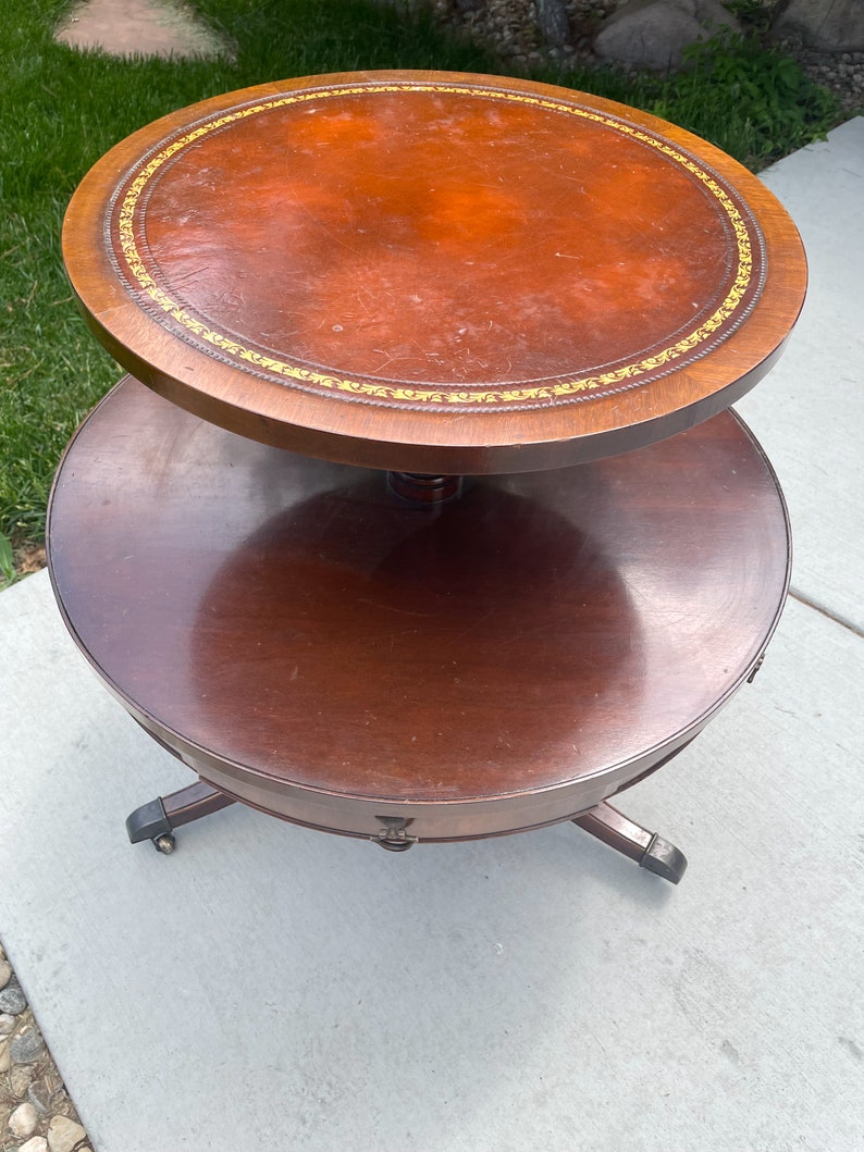 Vintage Leather Top Two-tier Wooden Round Drum Table Side Table W/ Gold ...