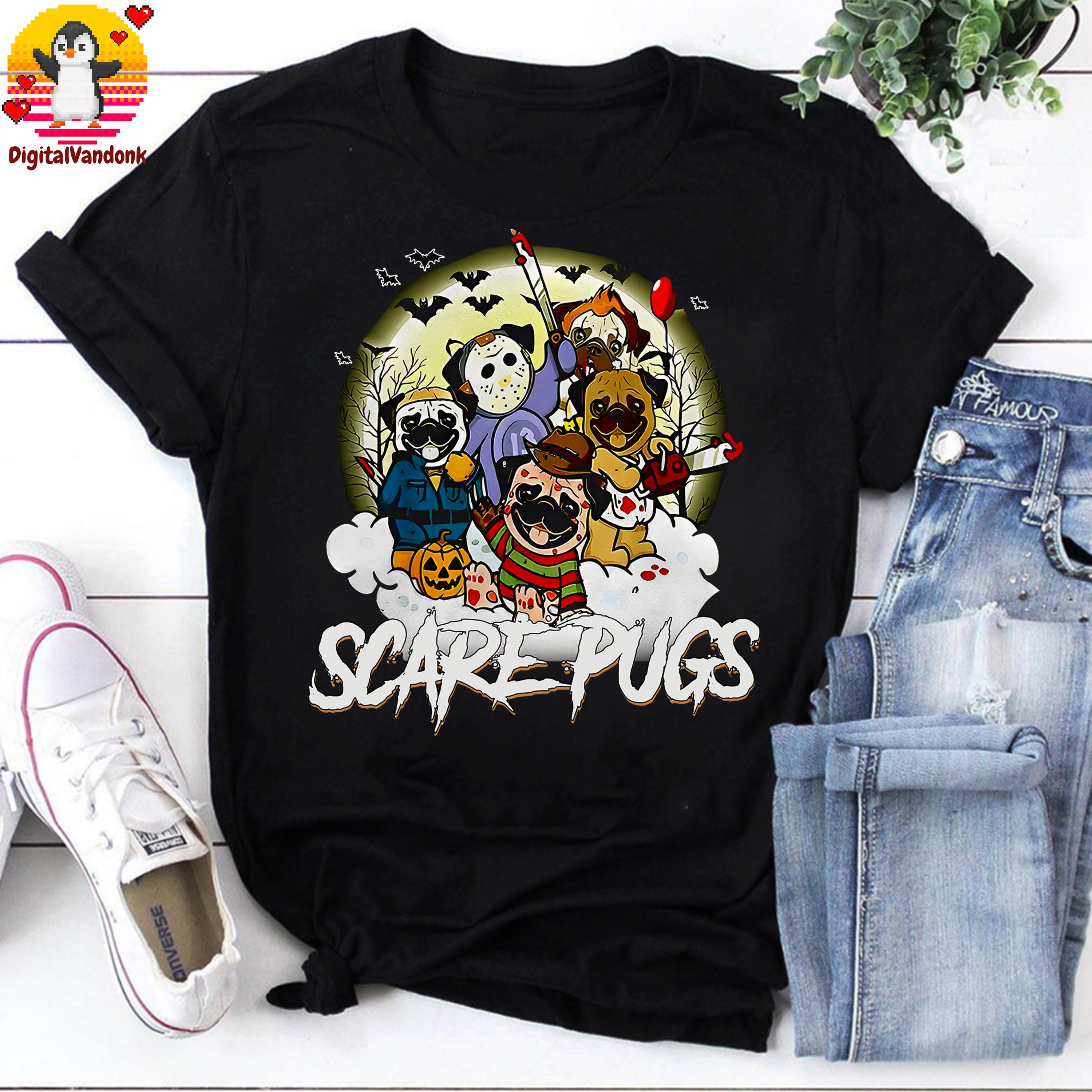 Scare Pugs Dog Horror Characters Vintage T-shirt, Halloween Shirt ...