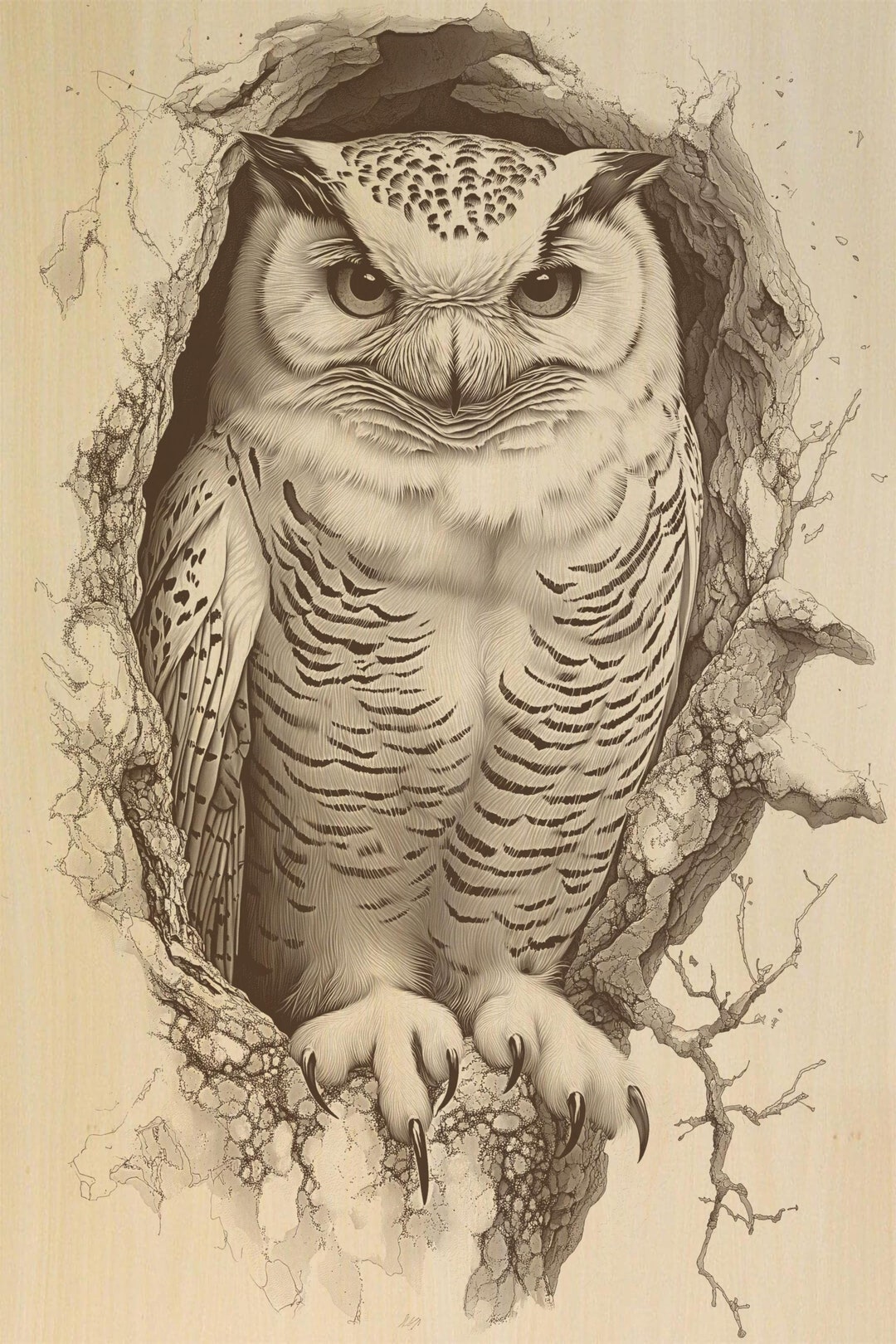 Majestic Snowy Owl in Tree Hollow | Laser Ready Engraving File ...
