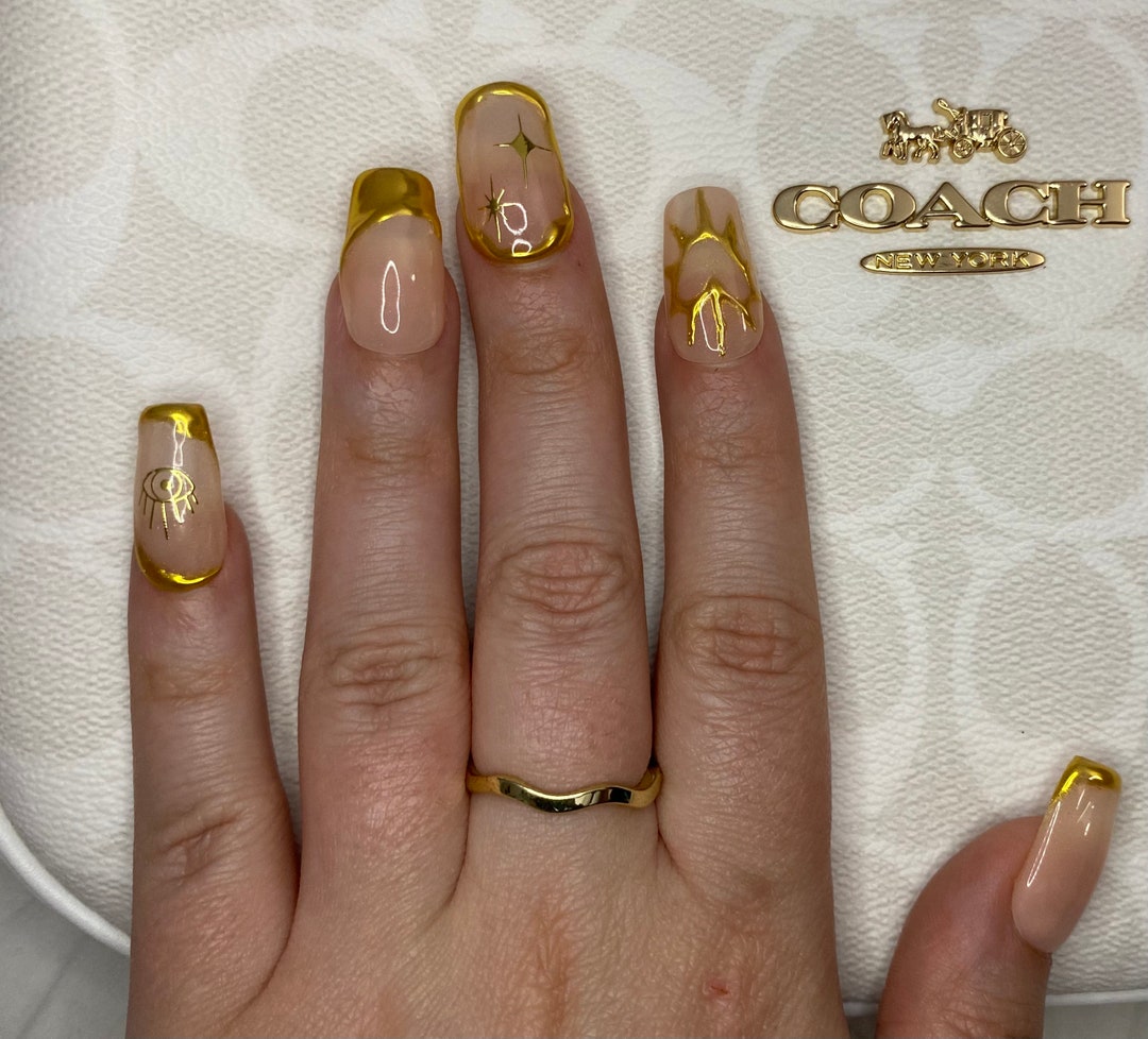 Golden Chrome 3D Drip French Tip Starry Press on Nails - Etsy