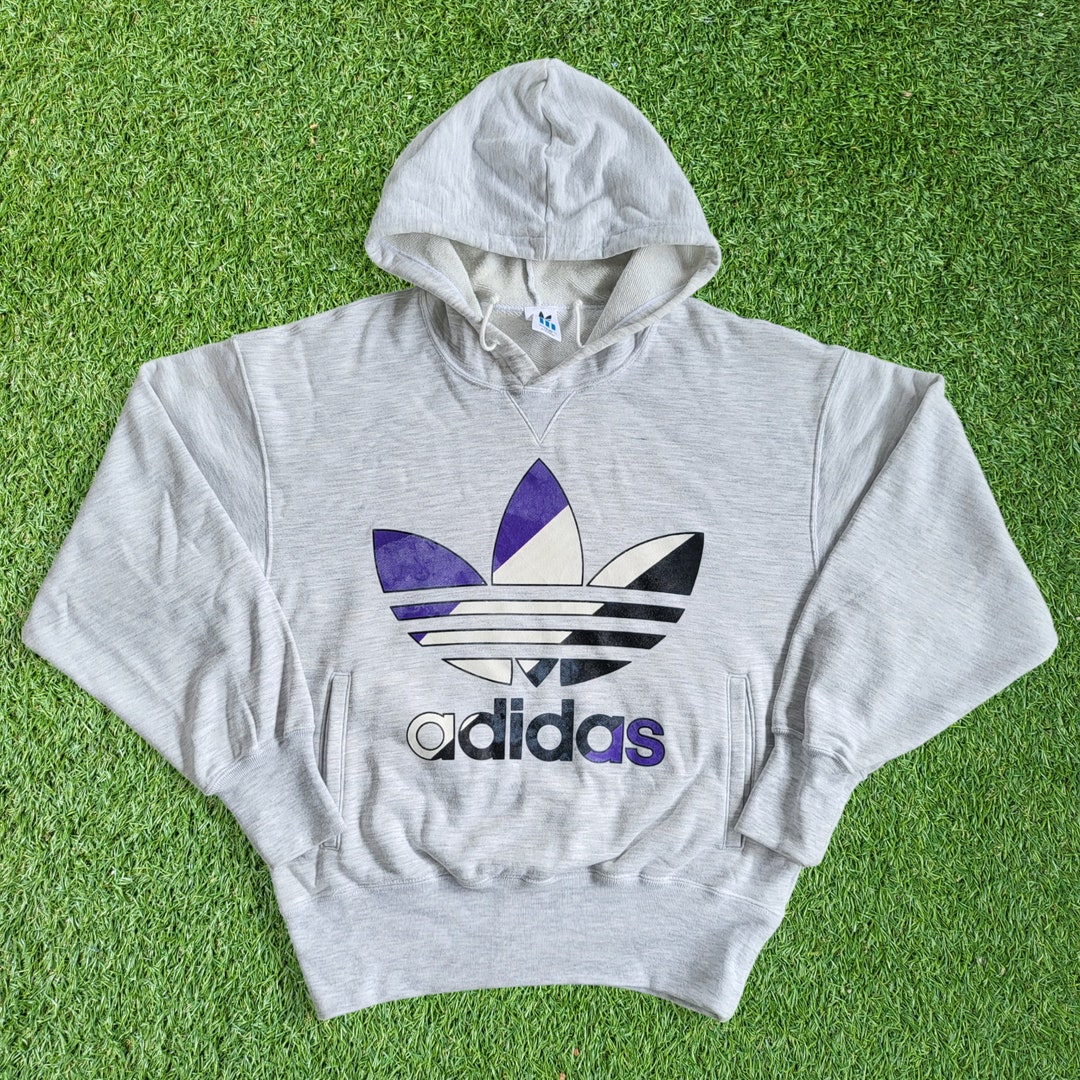 Adidas Trefoil Gray Hoodie Sweatshirt Three Stripes Big Logo Pullover ...