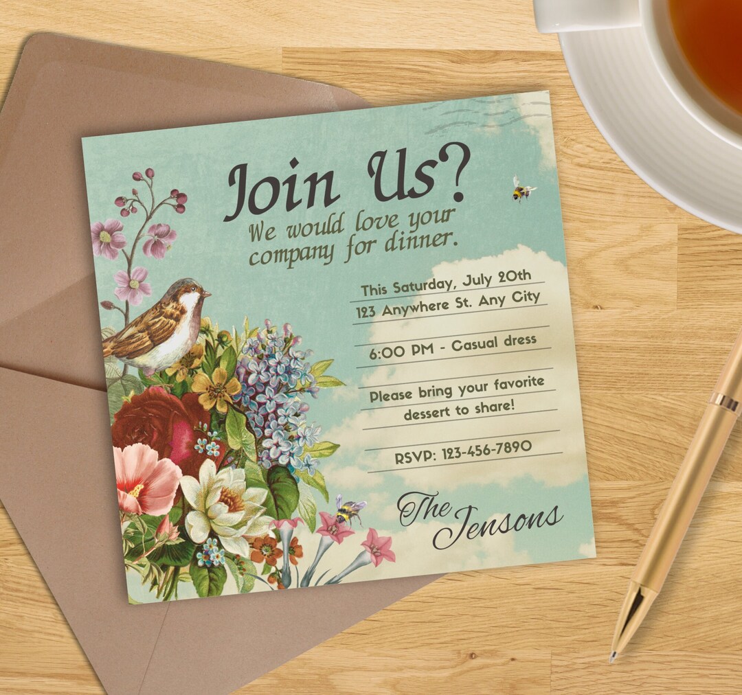 Casual Dinner Invitation Template Vintage Style Floral Invitation ...