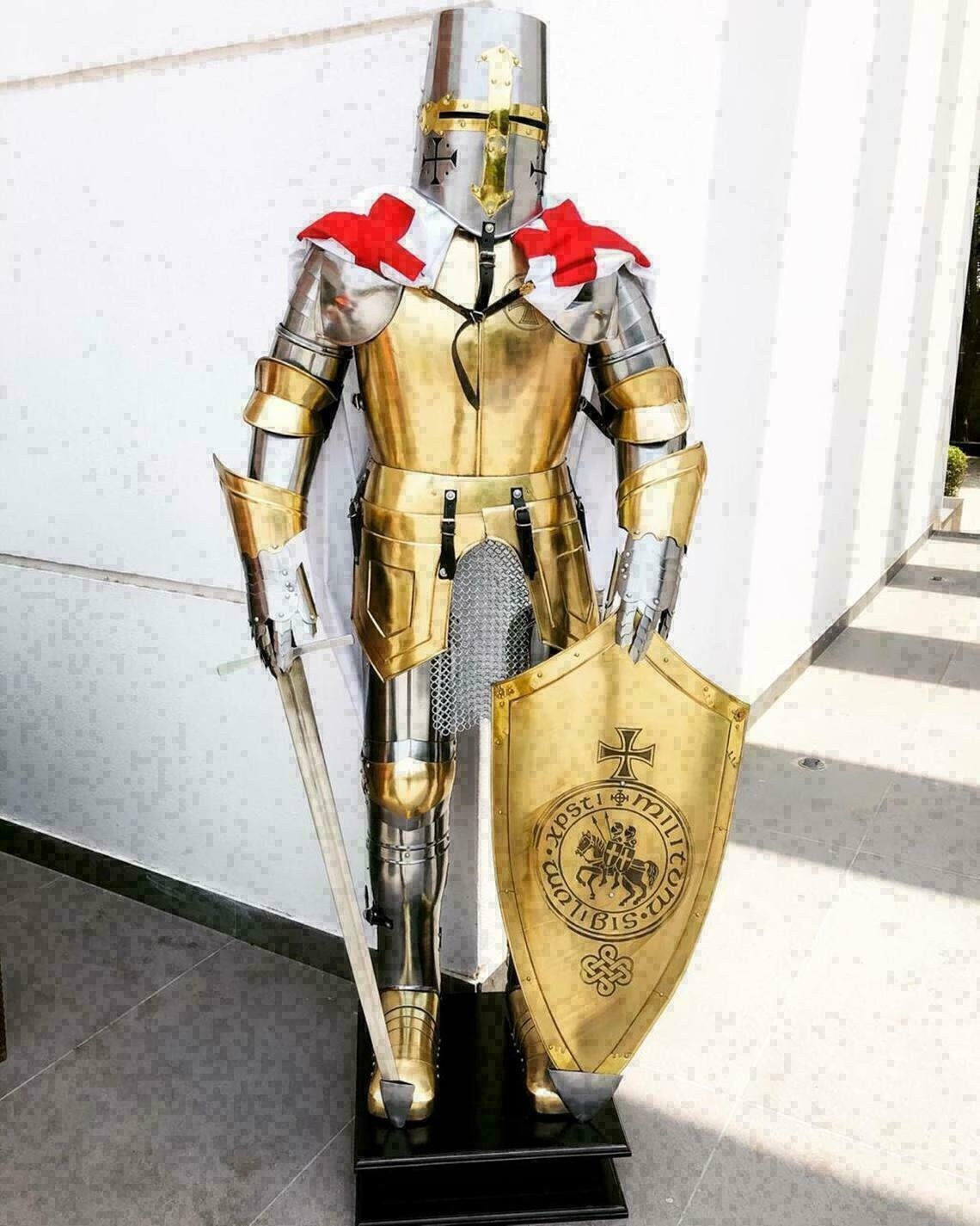 Medieval Full Body Armor Suit, Gold, Silver Plated Armor, With Wooden ...
