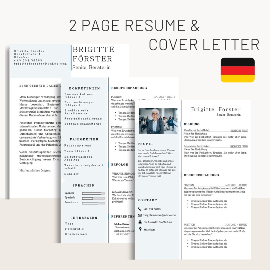 Two-page German Resume Template With Cover Letter for Senior Possition ...