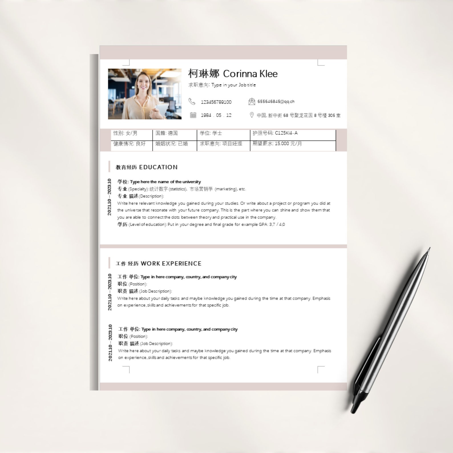 Chinese Resume Template for Word 2-page CV With Explanations - Etsy