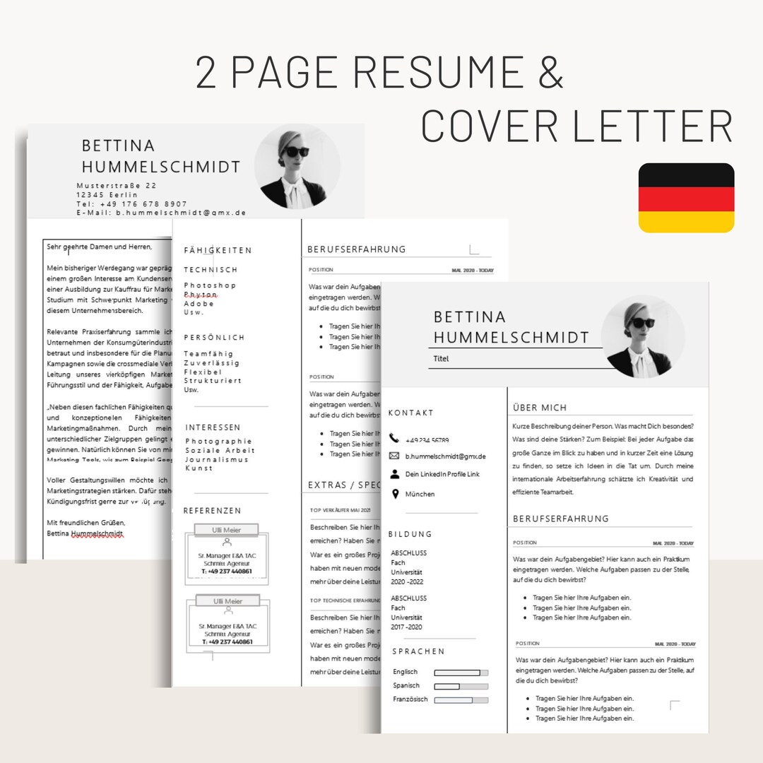 Easy Use 2-page Word Resume Template in German With Cover Letter as ...