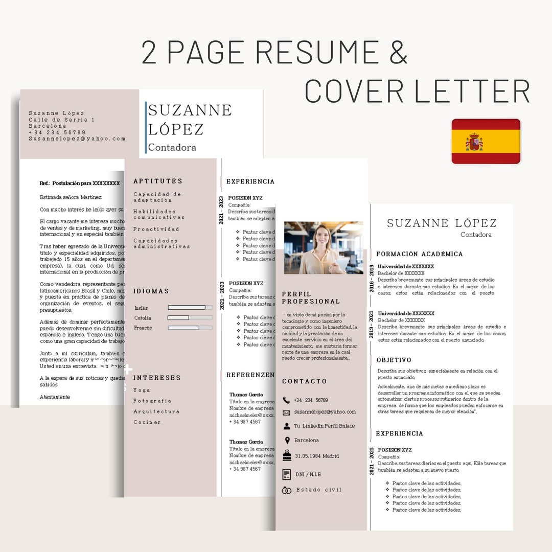 Spanish Two-page Resume Template for Word With Cover Letter | Easy to ...