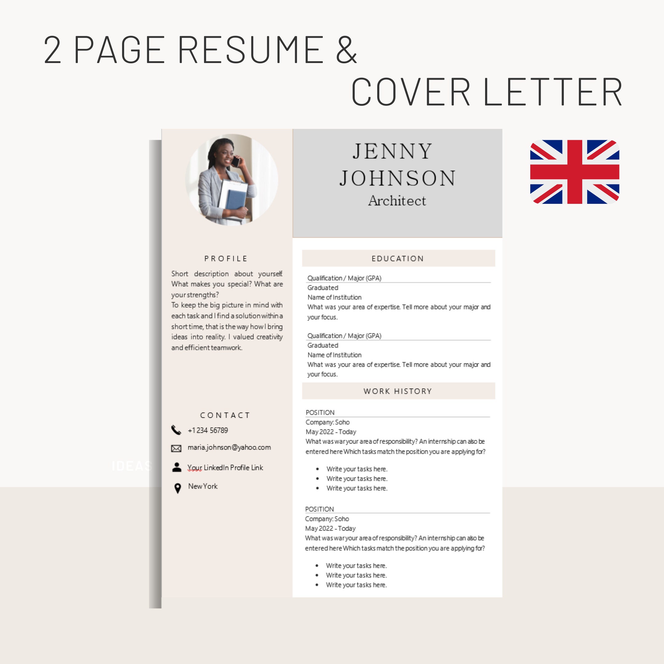 Plantilla de CV en inglés para Word CV de 2 páginas con carta de ...
