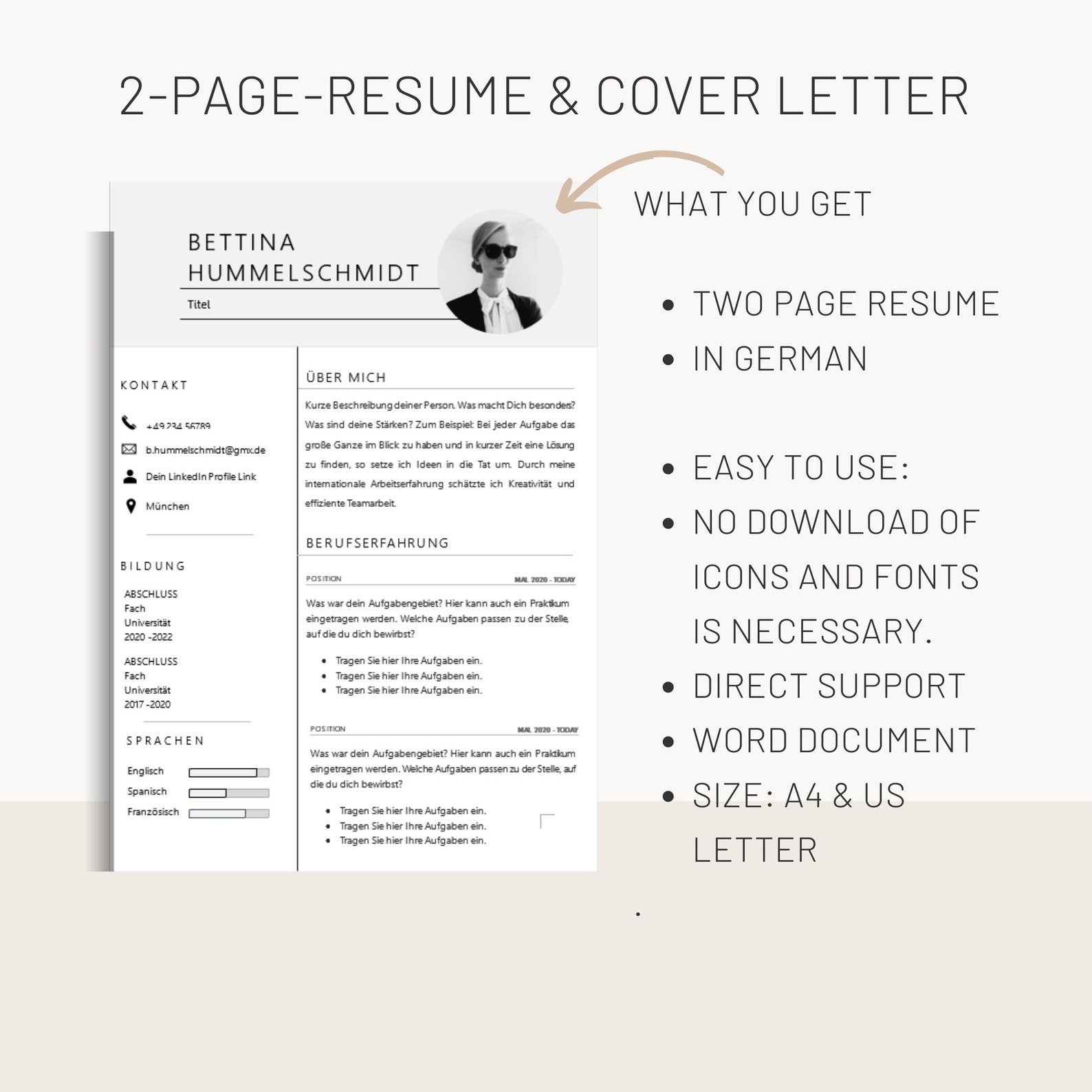 Easy Use 2-page Word Resume Template in German With Cover Letter as ...