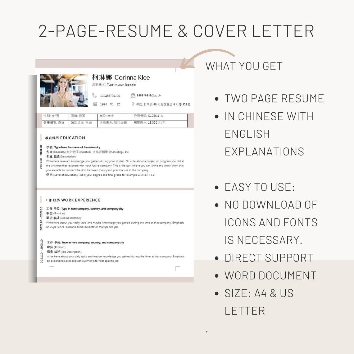 Chinese Resume Template for Word 2-page CV With Explanations - Etsy