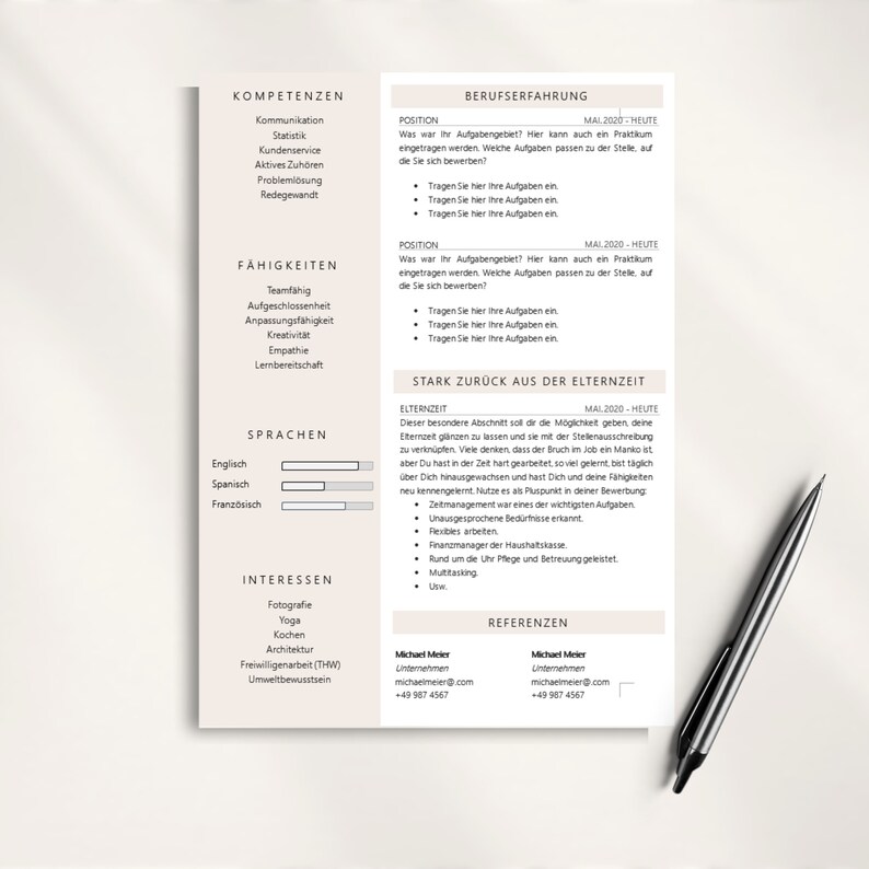 German Two-page Resume CV Template With Cover Letter for Word With a ...