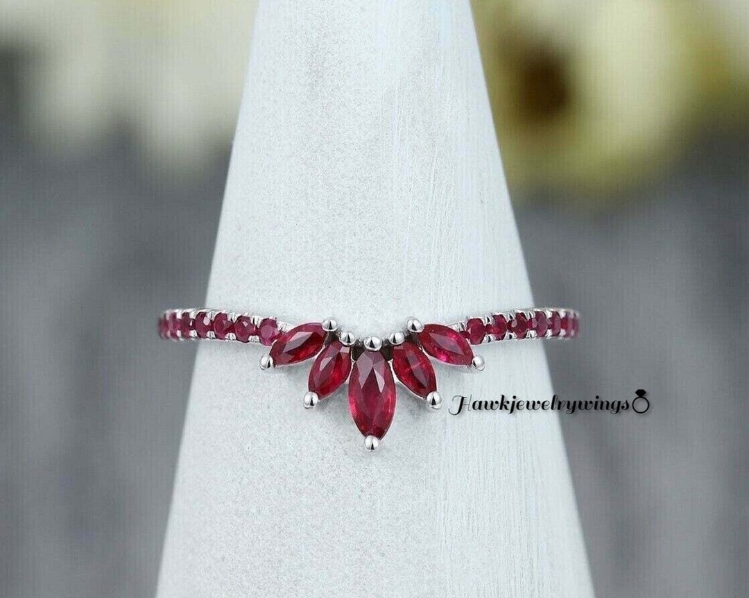 2ct Marquise & Round Cut Red Ruby Gemstone Chevron Ring/14k White Gold ...