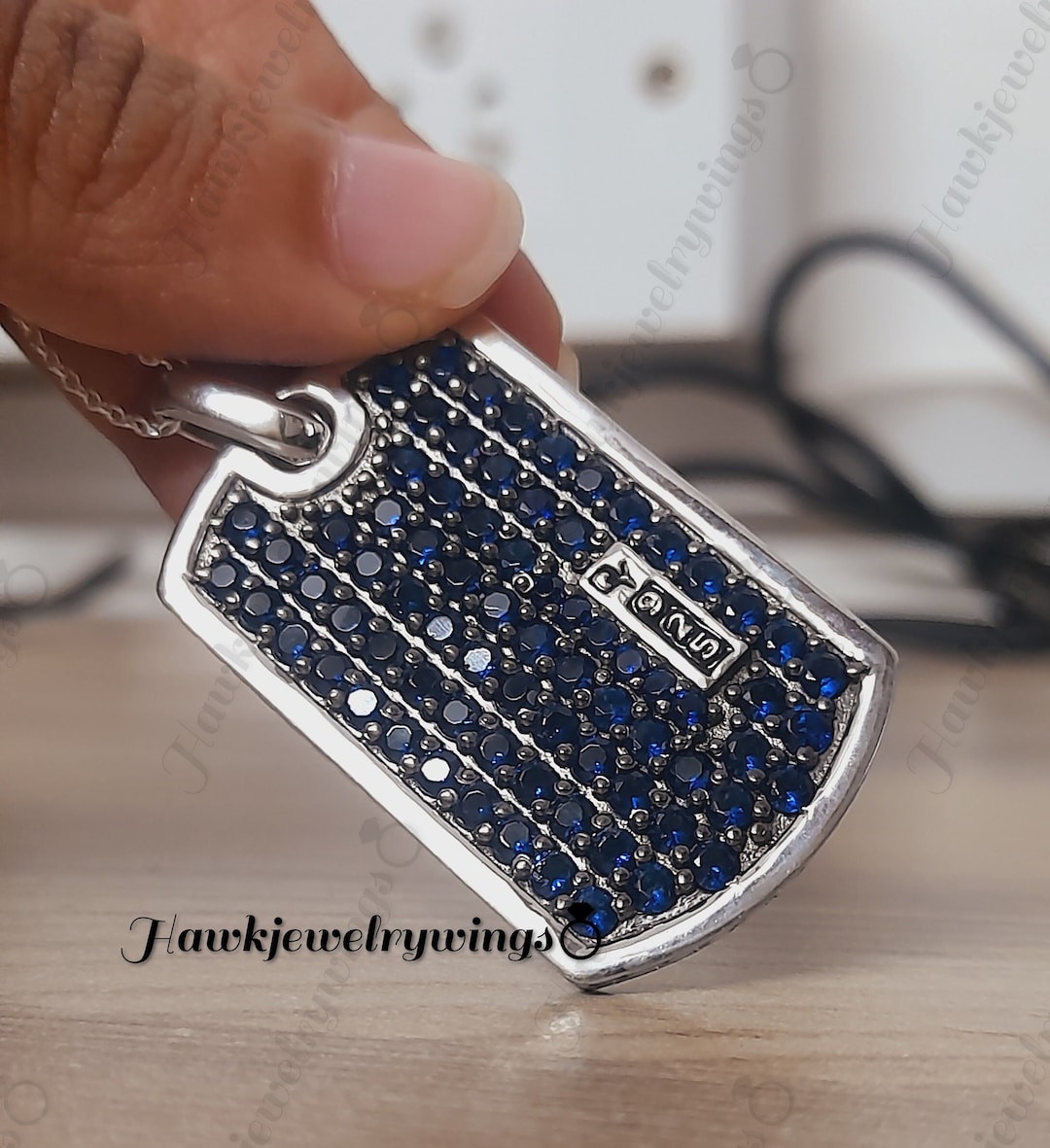 Men's 2CT Round Cut Blue Sapphire Dog Tag Pendant, Pendant Necklace ...