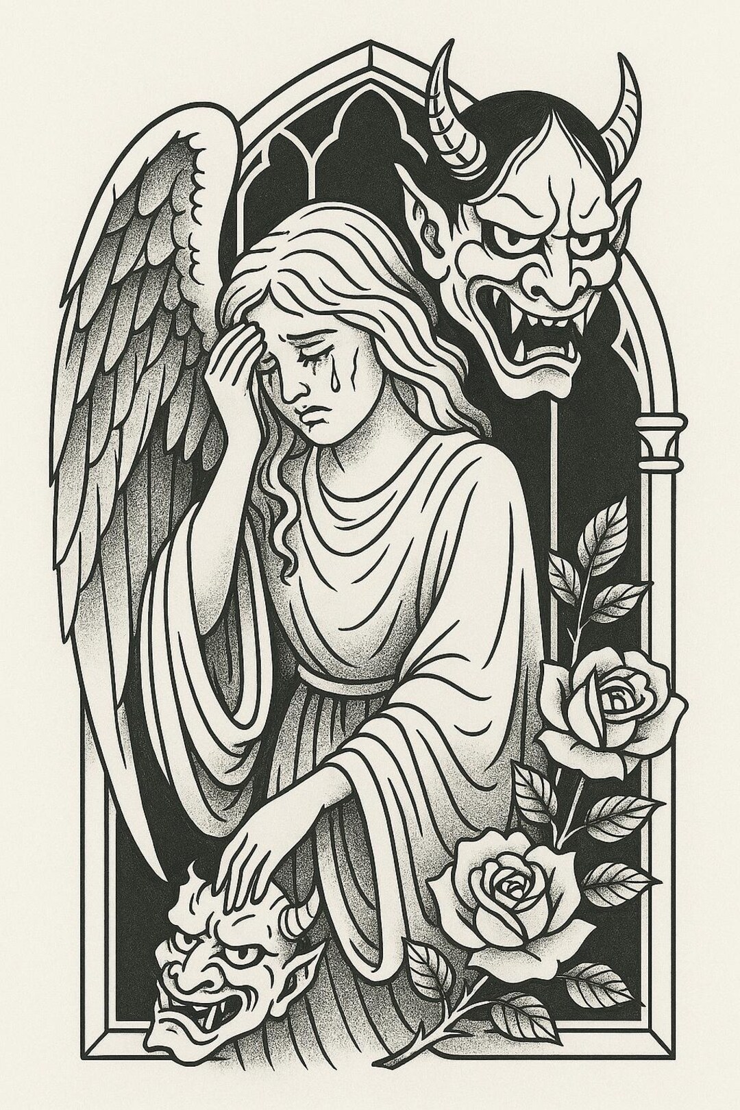 Gothic Angel & Demon Tattoo Stencil – Dark Art Flash Sheet (printable PDF) - Etsy