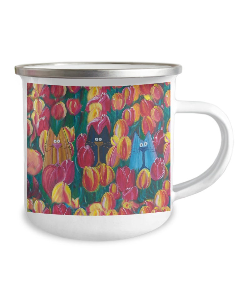 Three Cats Tulips Abstract Cat Kitty Art Coffee Mug Metal Mug Camping Mug Birthday Gift Natsart ...