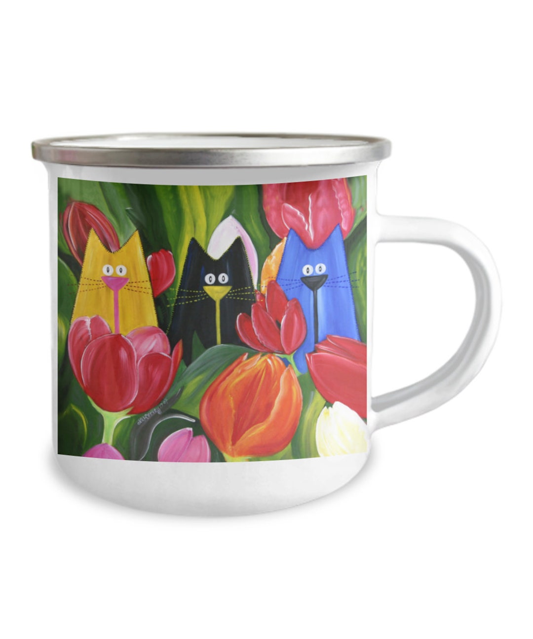 Three Cats Camping Tulips Mug Kitty Kittens Abstract Cute Cat Art Birthday Gift Metal ...