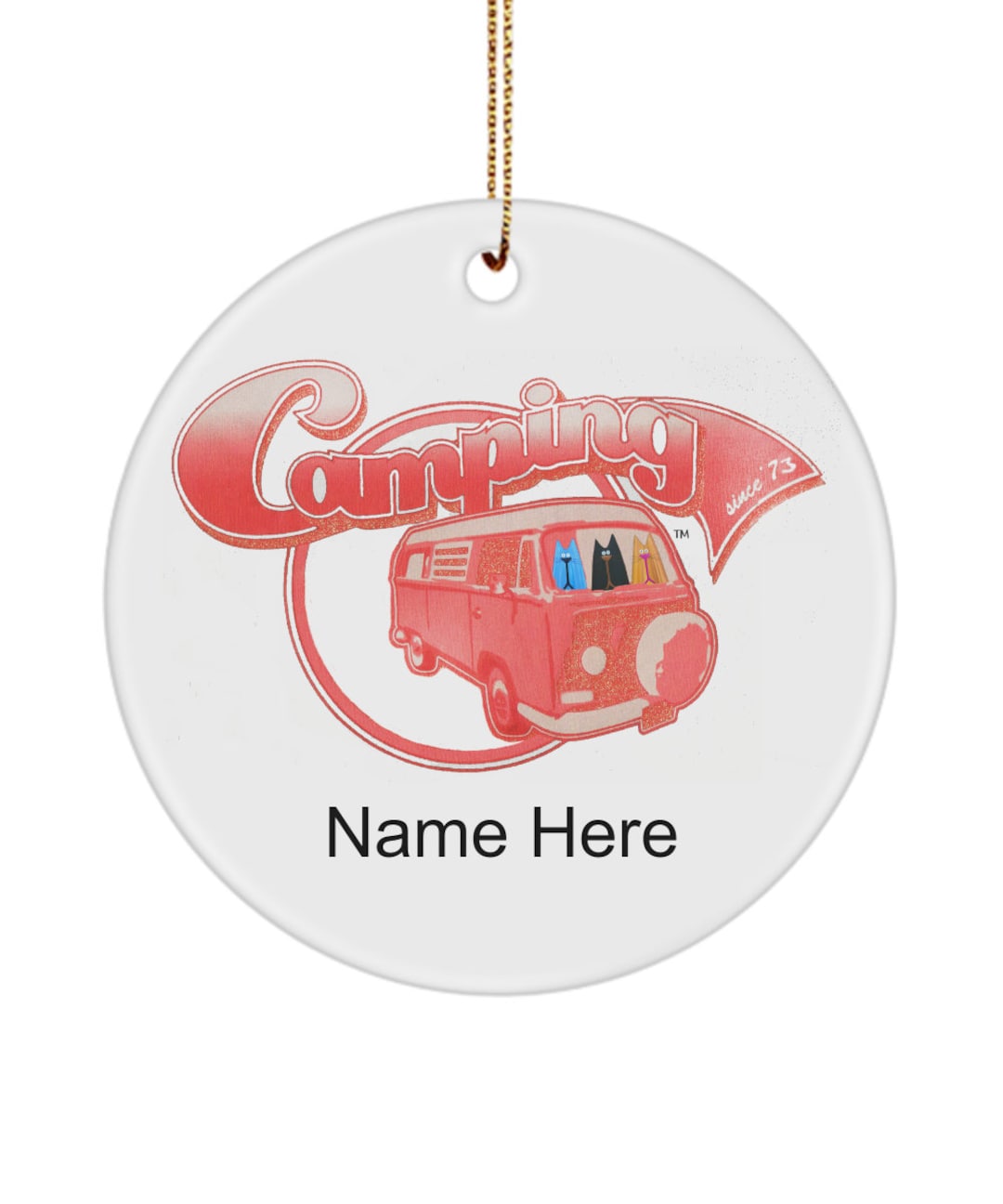 Three Cats Collective Camping Ornament, 1973 Kombi Three Cats, Ceramic Ornament 3 Inch Round ...