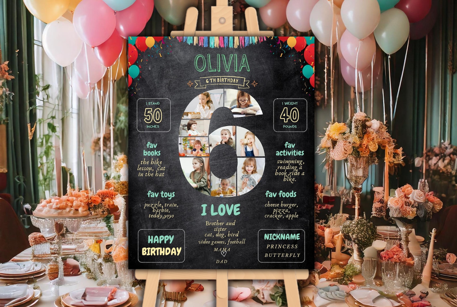 Custom 6th Birthday Gift Chalkboard Sign - Printable Birthday Milestone ...
