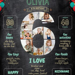 Custom 6th Birthday Gift Chalkboard Sign - Printable Birthday Milestone ...
