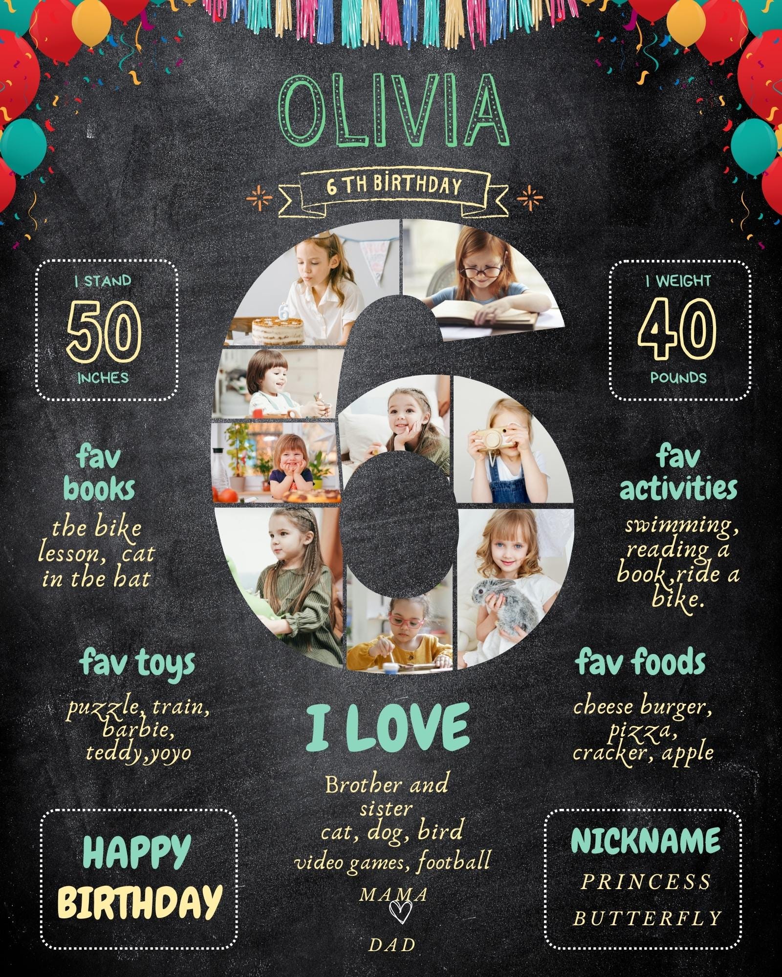 Custom 6th Birthday Gift Chalkboard Sign - Printable Birthday Milestone Poster, 6-year-old's ...