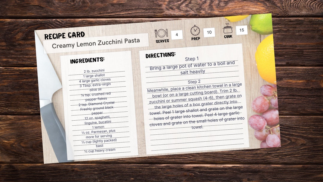 Horizontal Recipe Template Printable Recipe Card Family Cookbook Blank ...