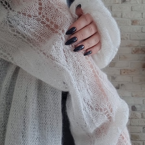 Long Lace Cardigan, Fluffy Mohair Cardigan, Hand Knit White Wool ...