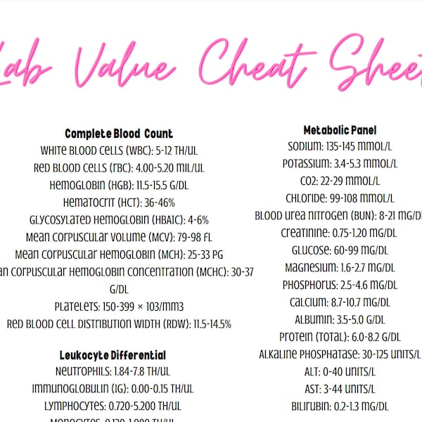Lab Values Cheat Sheet - Etsy