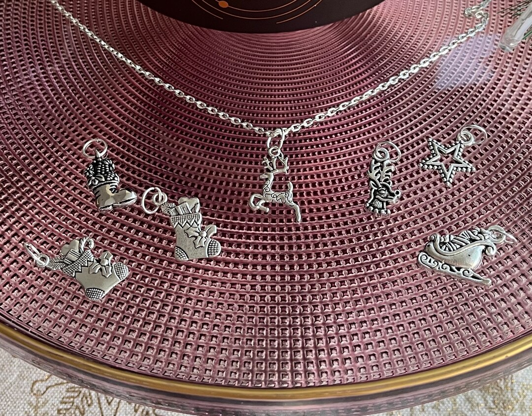 Silver Christmas Charm Necklace Santa Sleigh Star Reindeer Stocking ...