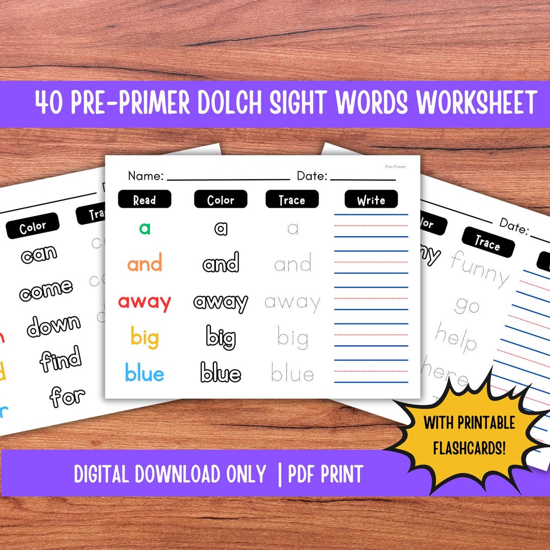Pre-primer Dolch Sight Words Worksheets: Flashcards & Practice Sheets ...