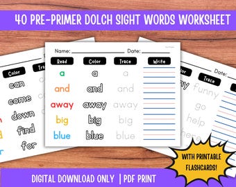 Pre-primer Dolch Sight Words Worksheets: Flashcards & Practice Sheets ...