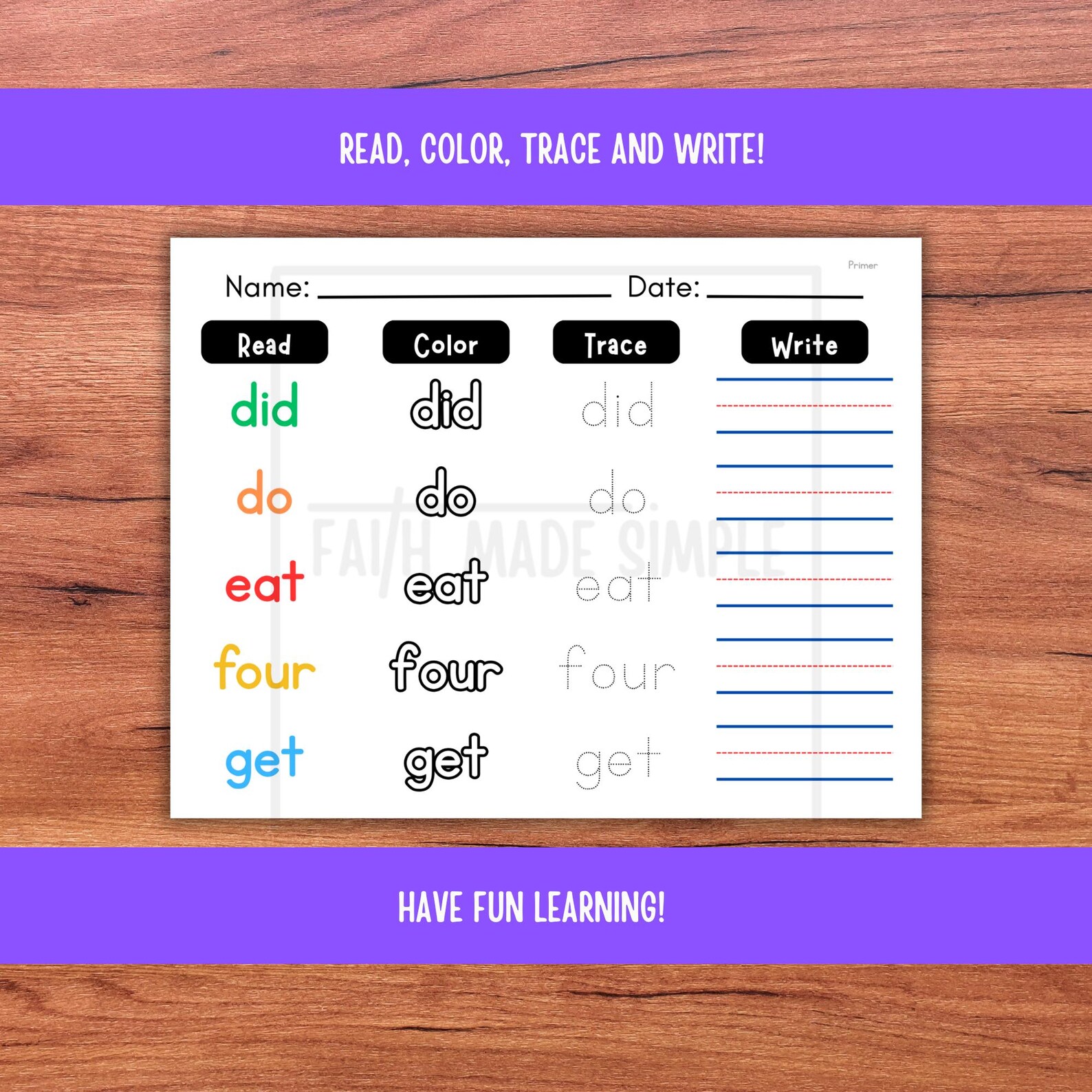 Primer Dolch Sight Words Worksheets: Kids Reading Practice (printable ...