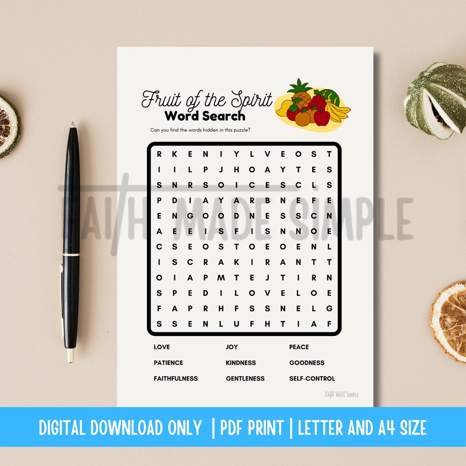 Fruit of the Spirit Word Search, Sunday School Activity (PDF) - Etsy