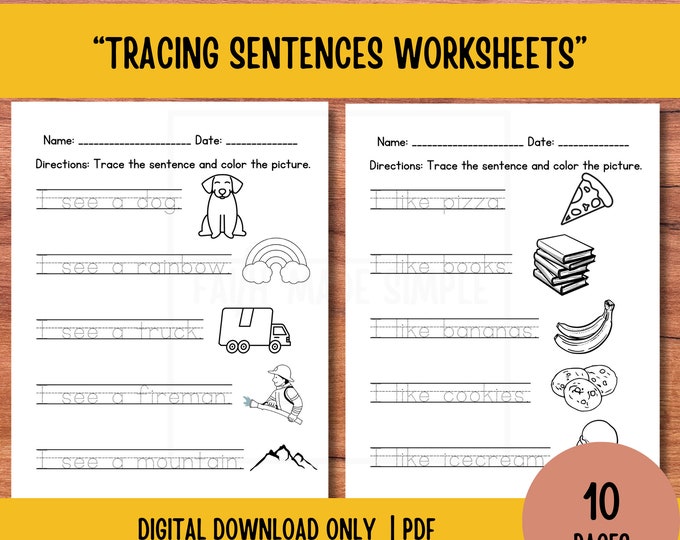 Tracing Sentences Worksheets: Handwriting Practice for Kids (PDF) - Etsy