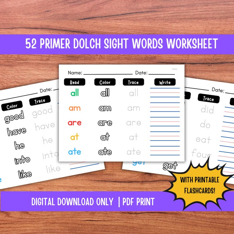 Primer Dolch Sight Words Worksheets: Kids Reading Practice (printable ...