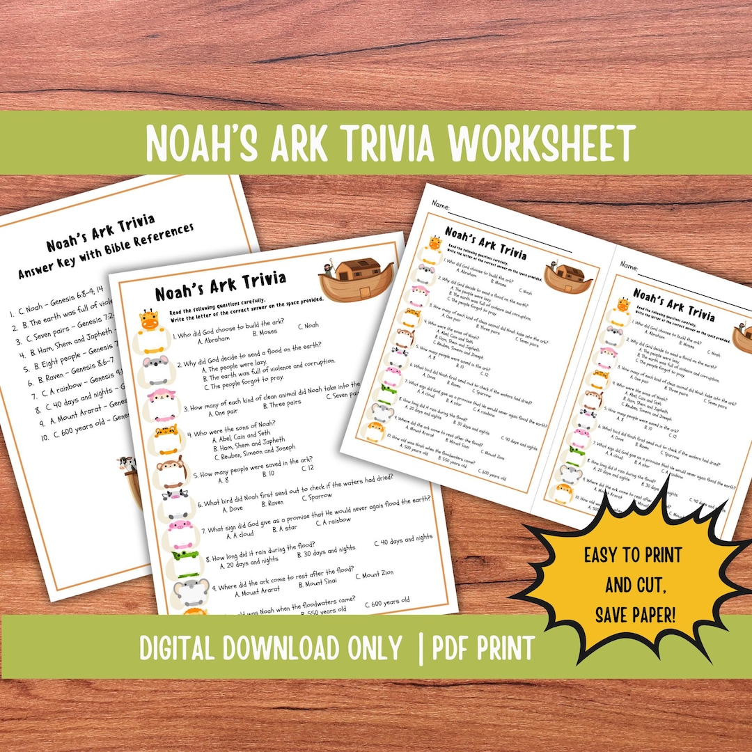 Noah’s Ark Trivia Worksheets Printable | Bible Story Quiz for Kids ...